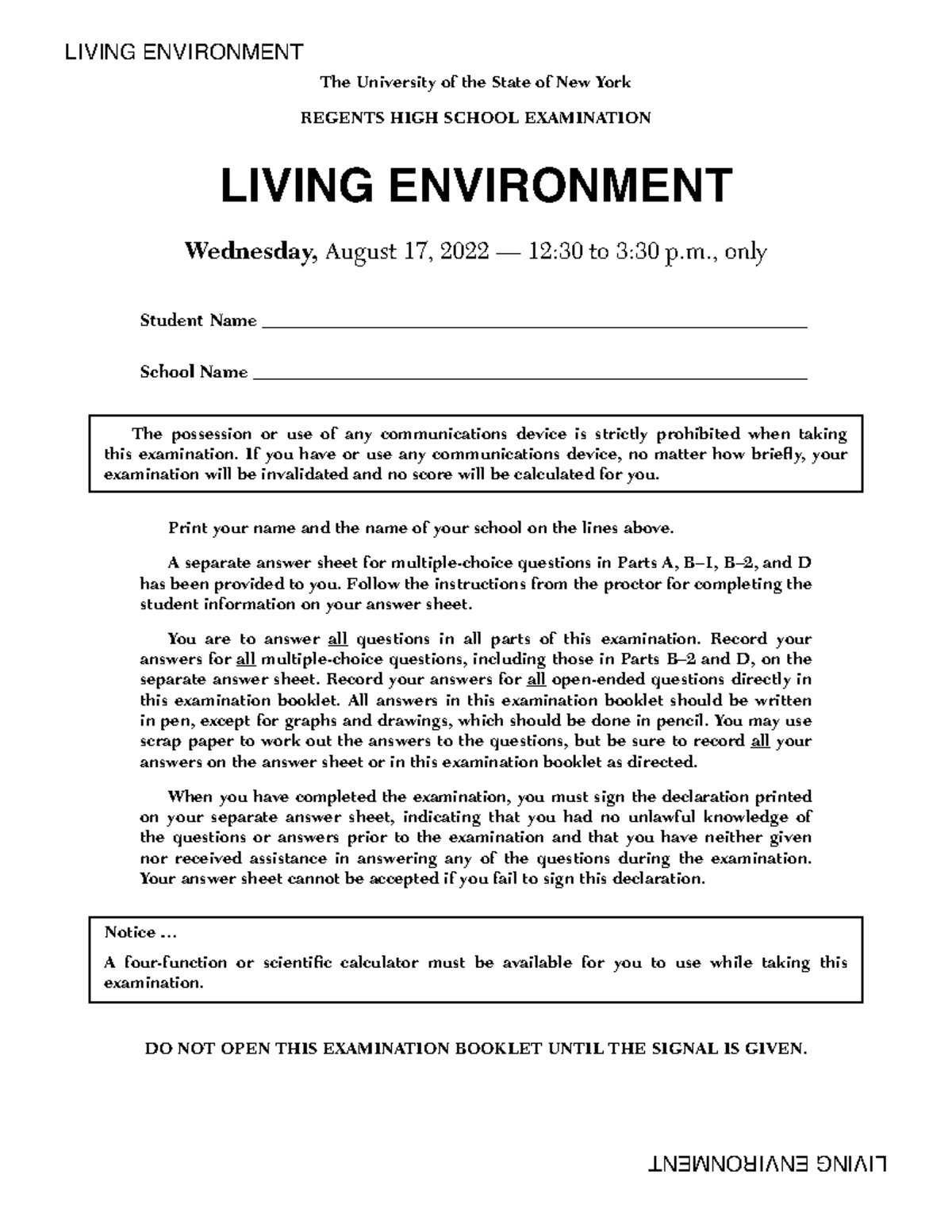 LIVING ENVIRONMENT REGENTS EXAMINATION - AUGUST 2022 REVIEW GUIDE - Studocu