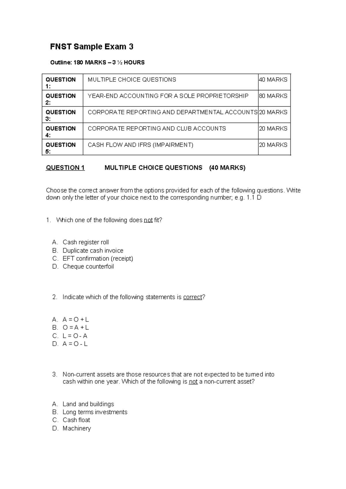 FNST Sample Exam 3 Outline: 180 Marks, 3.5 Hours - Studocu