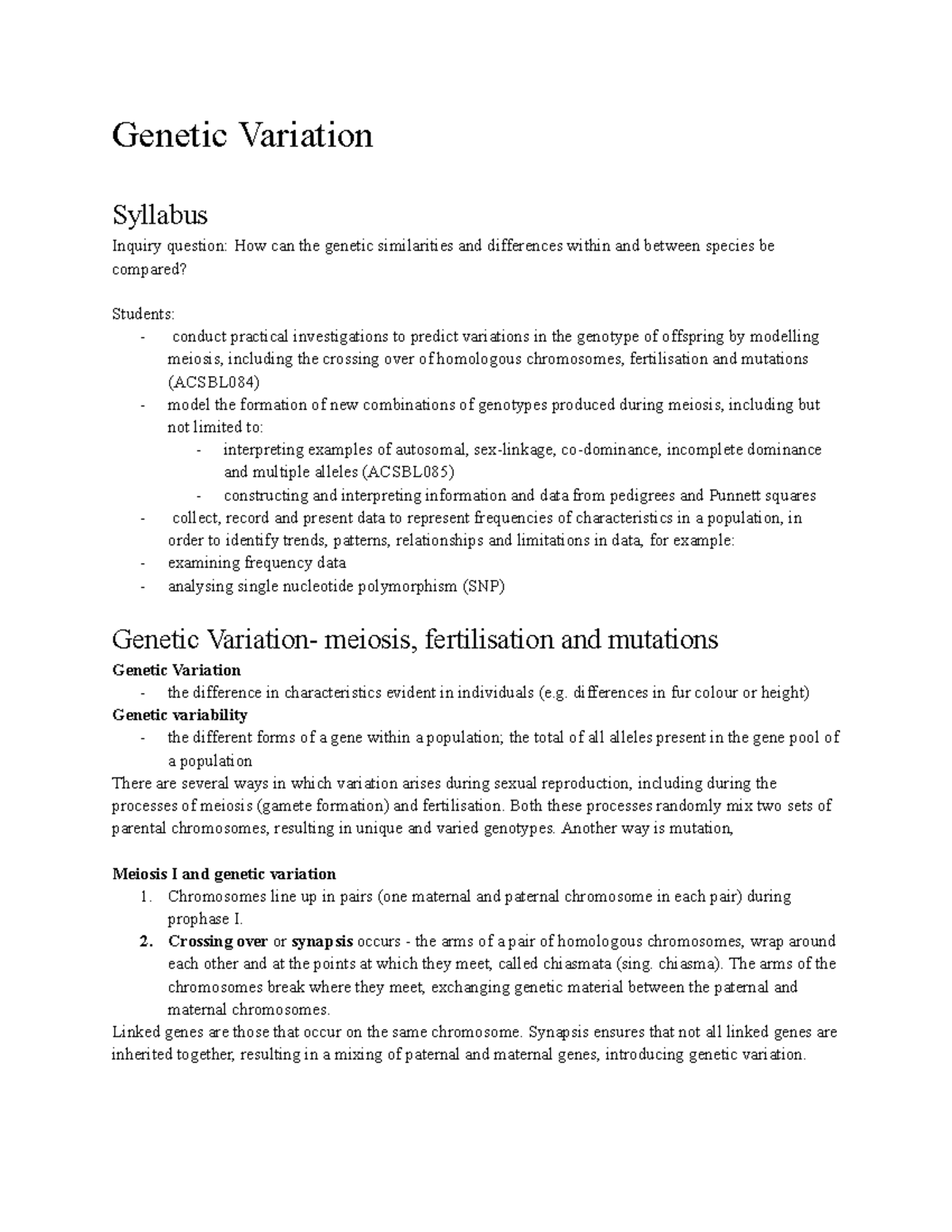 5.4 Genetic Variation - notes - Genetic Variation Syllabus Inquiry ...
