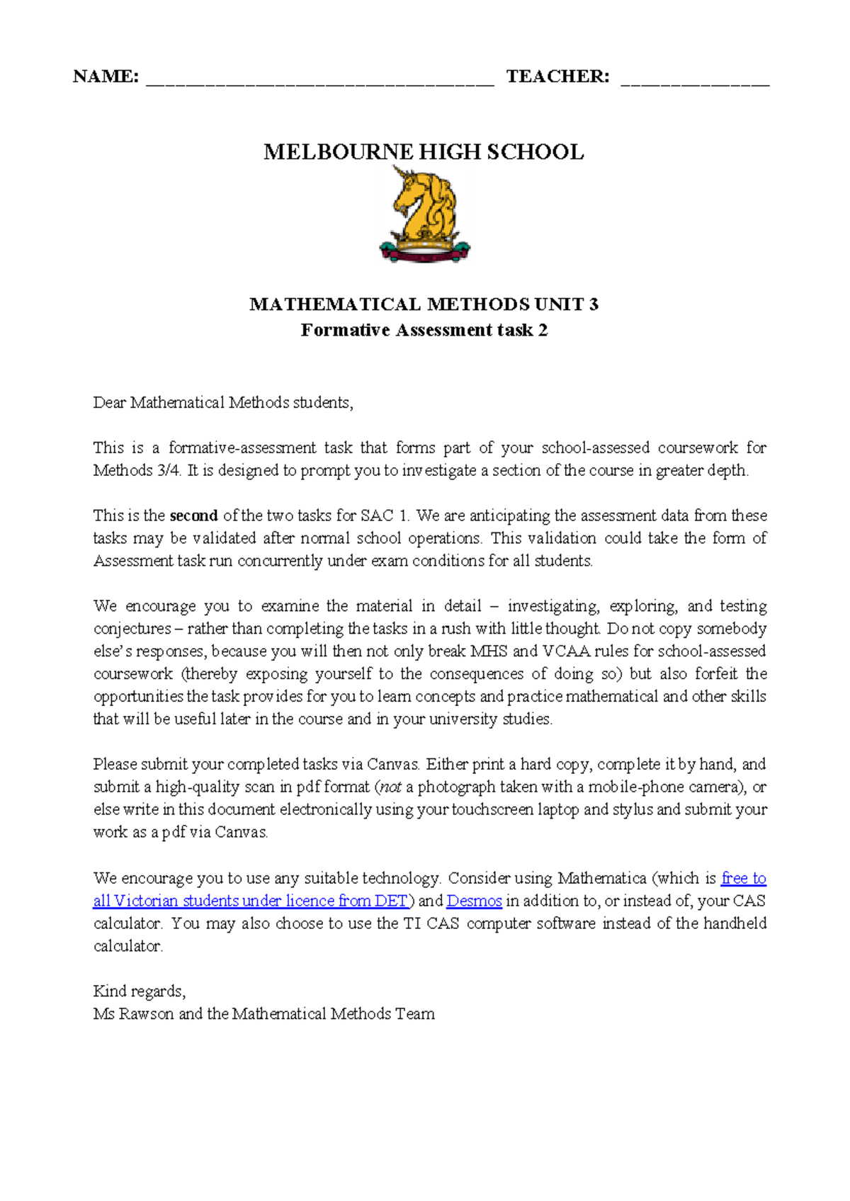MHS Mathematical Methods Unit 3 Formative Assessment Task 2: Odd & Even - Studocu