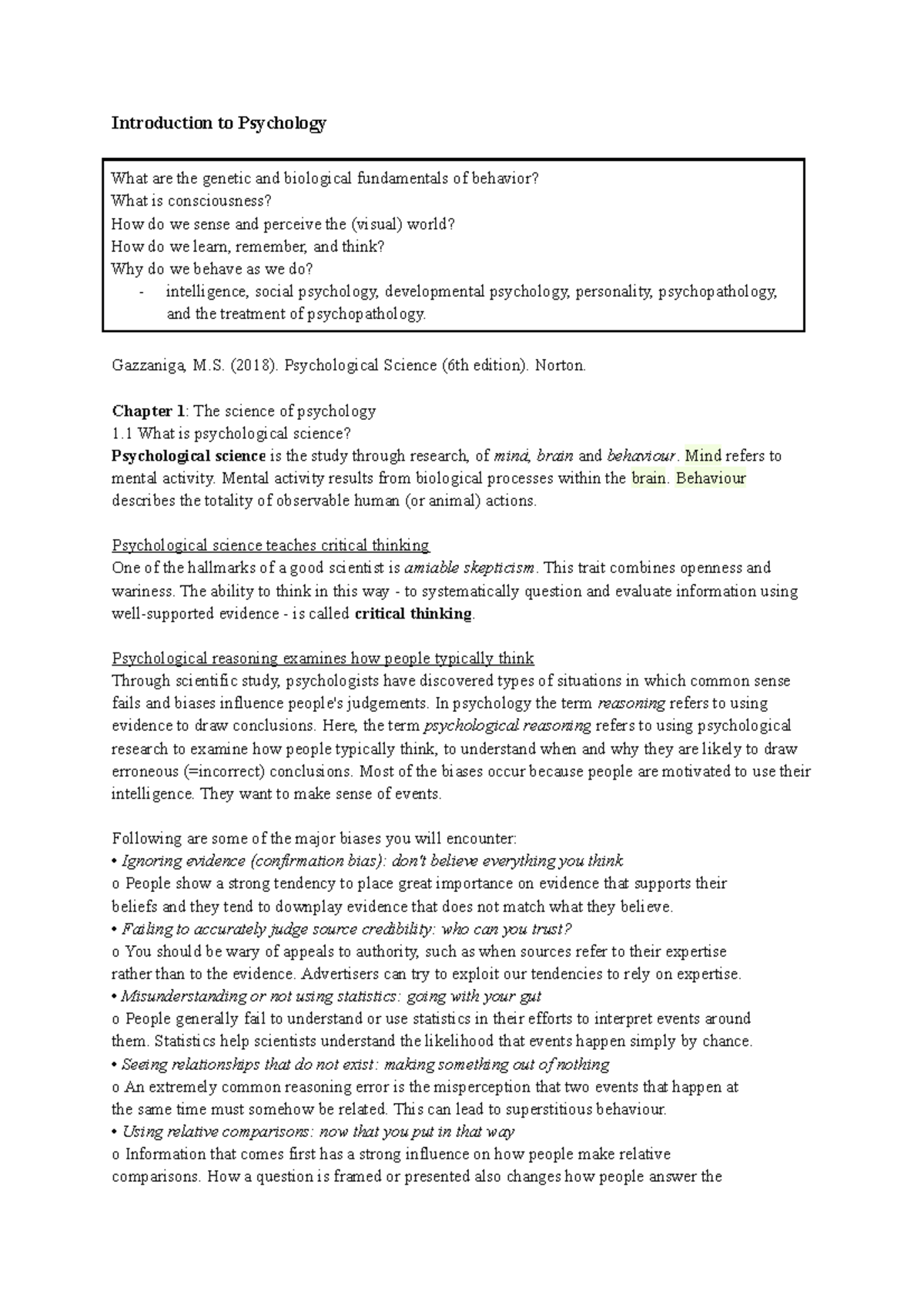 PSY101: Intro to Psychology - Chapter 1 Overview and Key Concepts ...