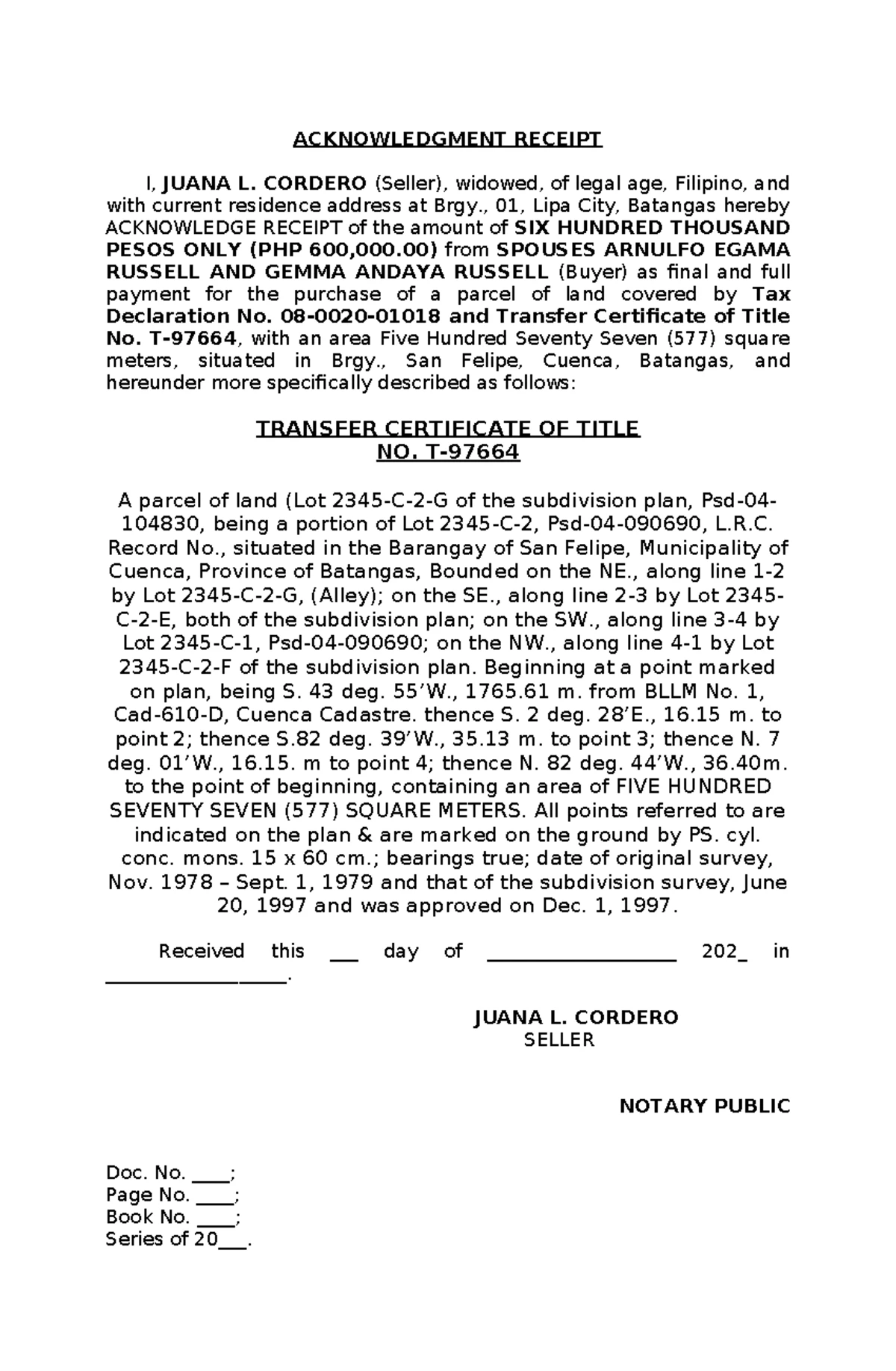Acknowledgment Receipt for Payment of Land Sale - Studocu