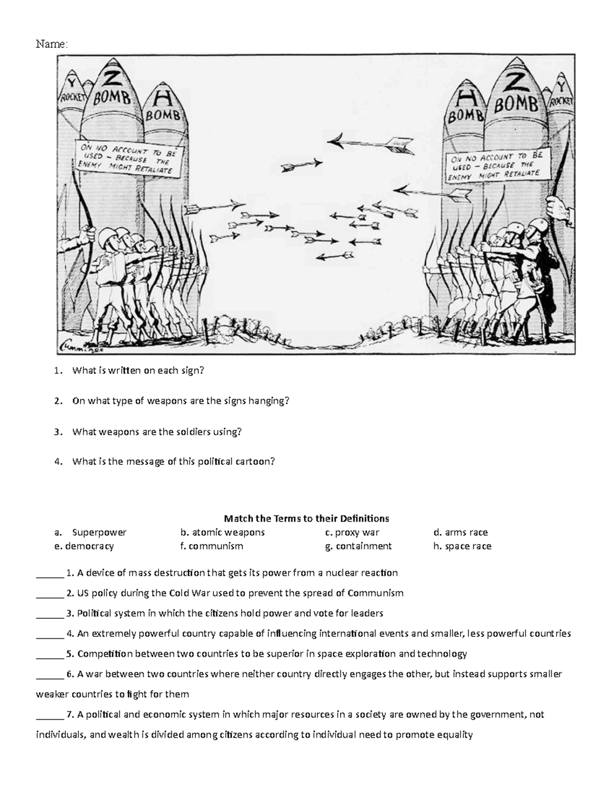 Cold War Political Cartoon Analysis & Key Terms Matching - Studocu