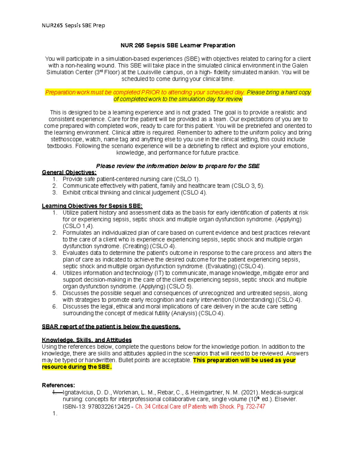 NUR265 Sepsis SBE Learner Preparation Guide for Clinical Simulation ...