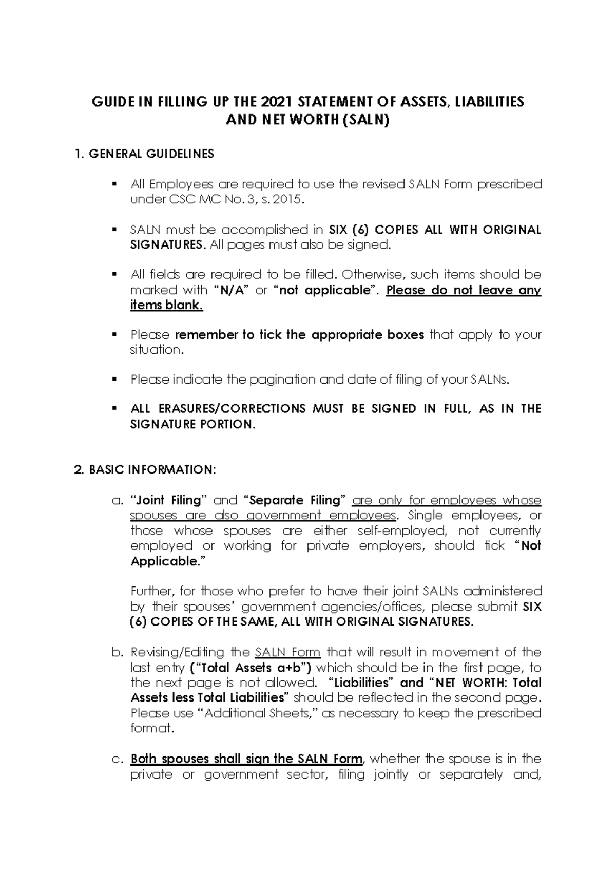 2021 SALN Form Completion Guidelines for Employees - Comprehensive Overview - Studocu