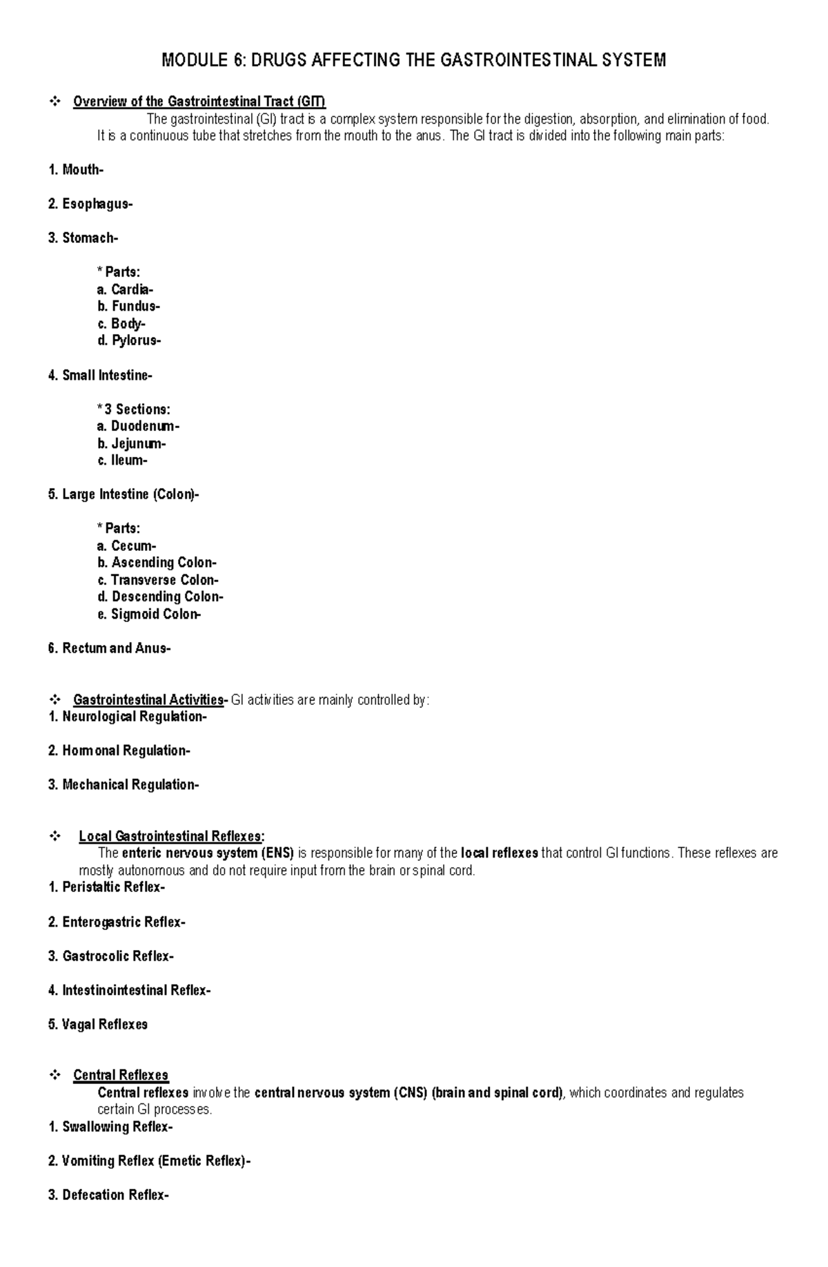 MODULE 6: DRUGS AFFECTING THE GASTROINTESTINAL SYSTEM Overview and Key ...