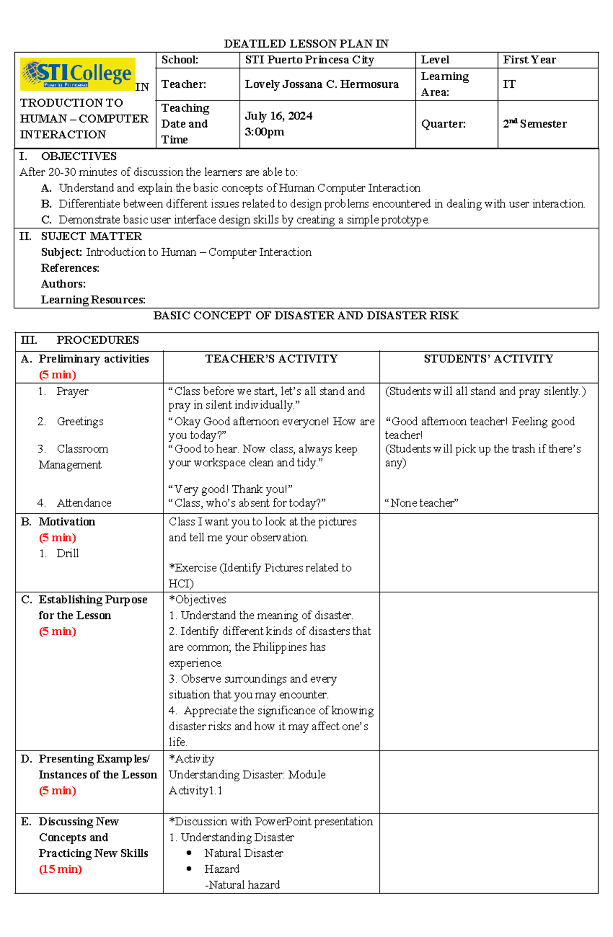 Lesson Plan Introduction to Human-Computer Interaction - DEATILED ...