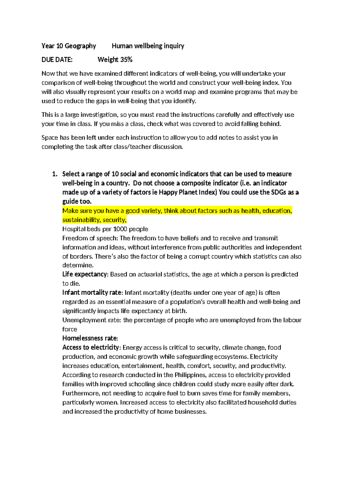 2022 Year 10 Geography Human wellbeing inquiry notes - Year 10 ...