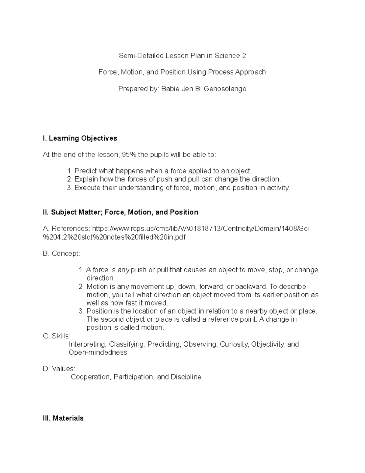 Lesson Plan - Force, Motion, and Position - Semi-Detailed Lesson Plan ...