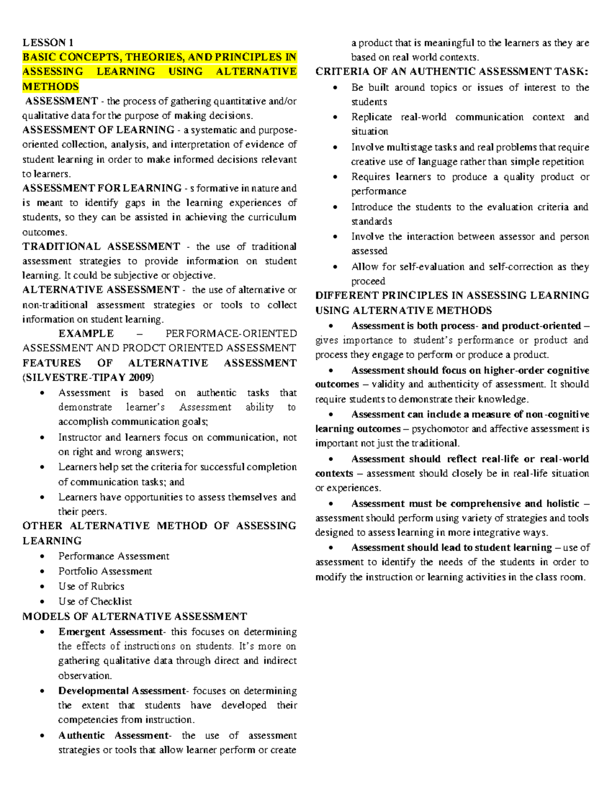 Reviewer Assessments - LESSON 1 BASIC CONCEPTS, THEORIES, AND PRINCIPLES IN ASSESSING LEARNING ...
