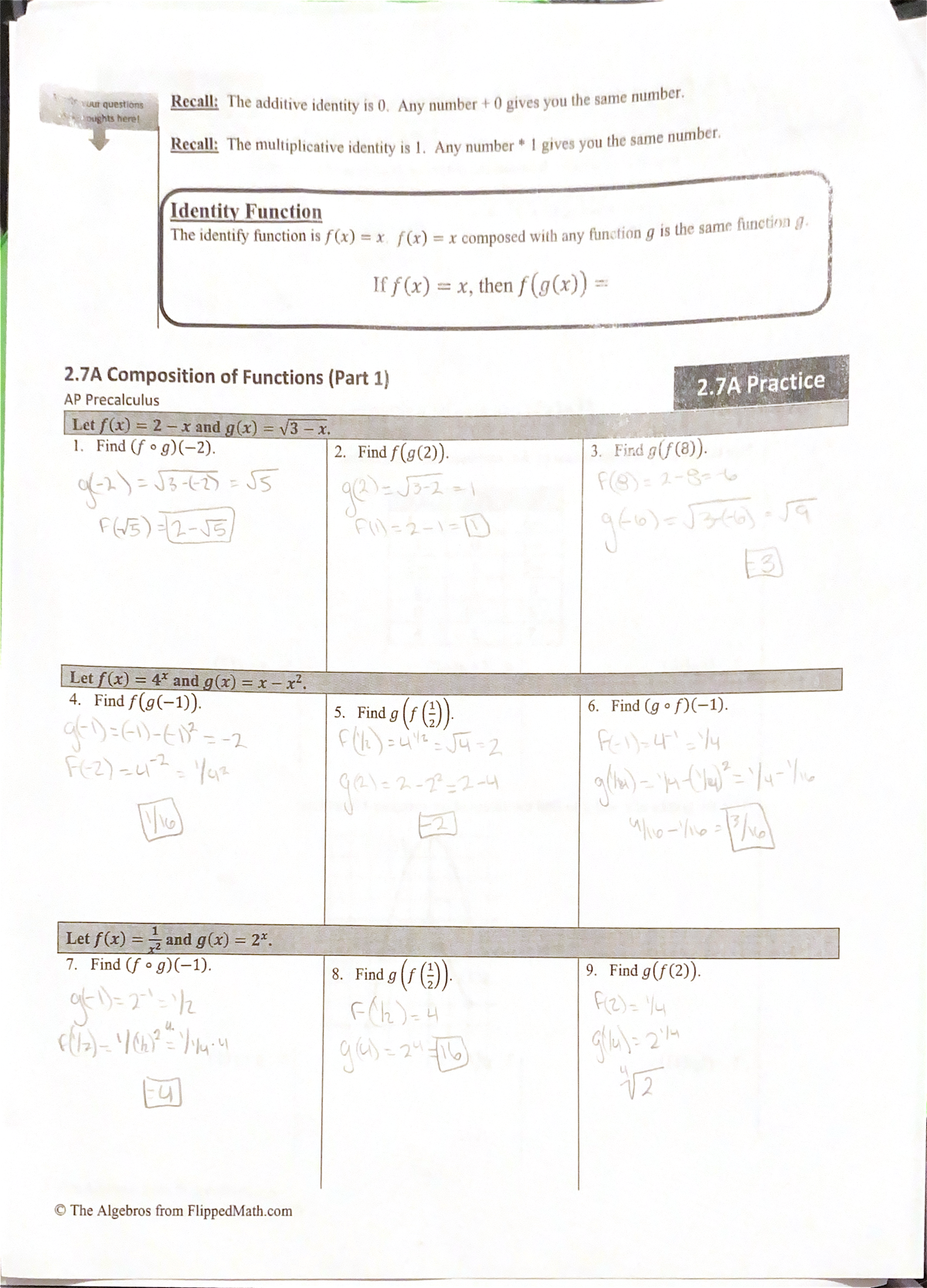2.7A Precalc: Composition of Functions Part 1 Study Notes - Studocu