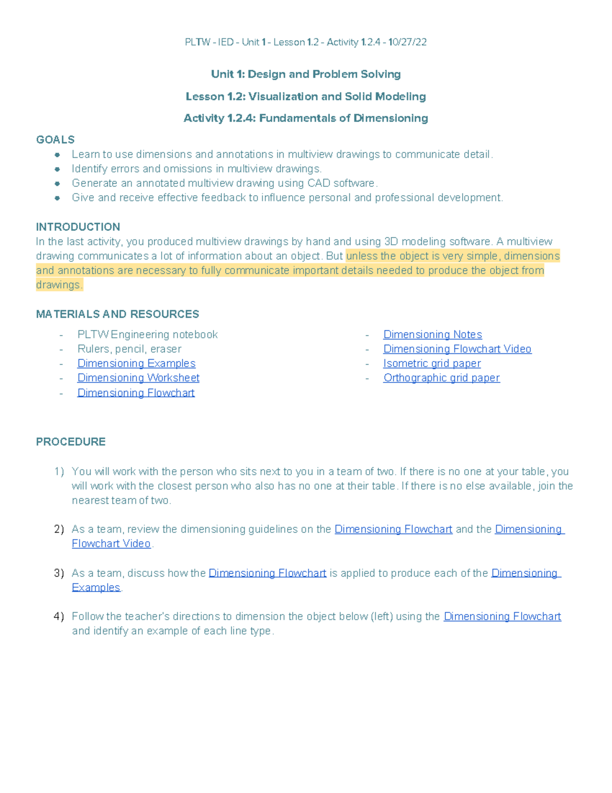 Activity 1.2 - Fundamentals of Dimensioning (PLTW - IED - Unit 1) - Studocu