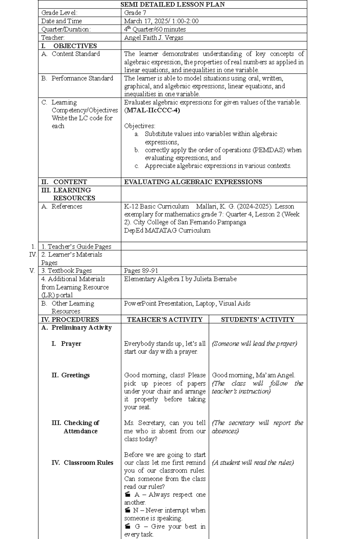 Grade 7 Detailed Lesson PLAN - SEMI DETAILED LESSON PLAN Grade Level ...