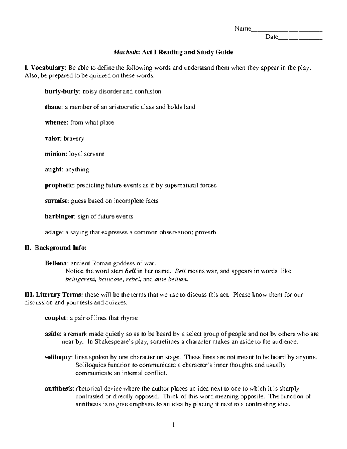Macbeth Act 1 Study Guide: Key Vocabulary and Analysis - Studocu