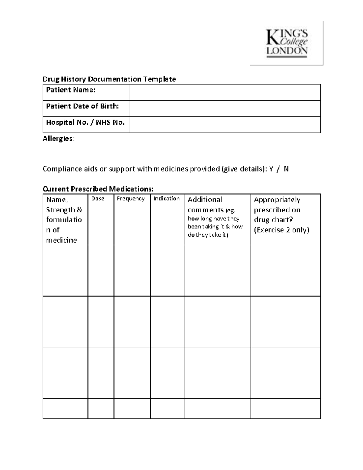 Drug History Template - Osce revisin - Drug History Documentation ...
