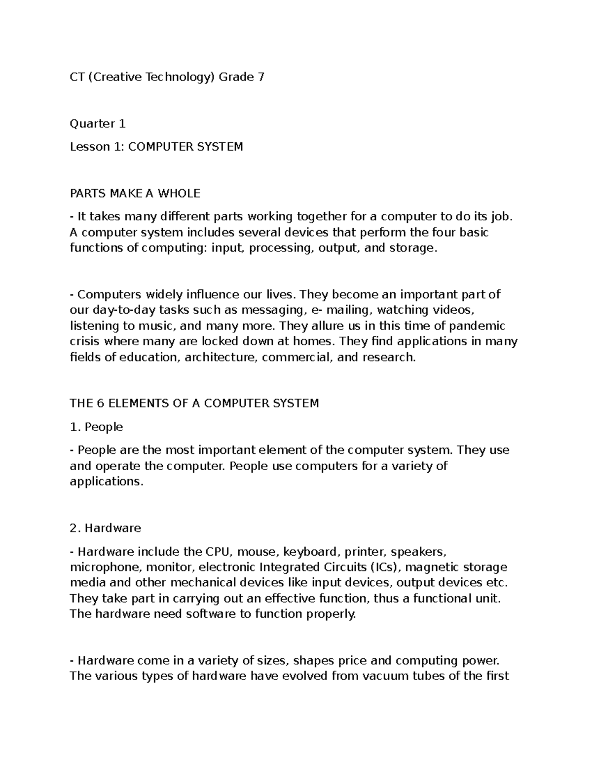 CT Grade 7 Q1 Lesson 1: Understanding Computer System Parts - Studocu