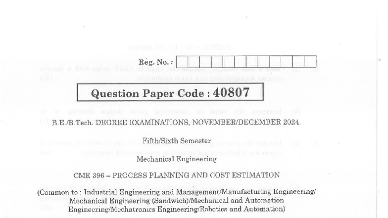 CME 396 - Process Planning & Cost Estimation Exam Paper 2024 - Studocu