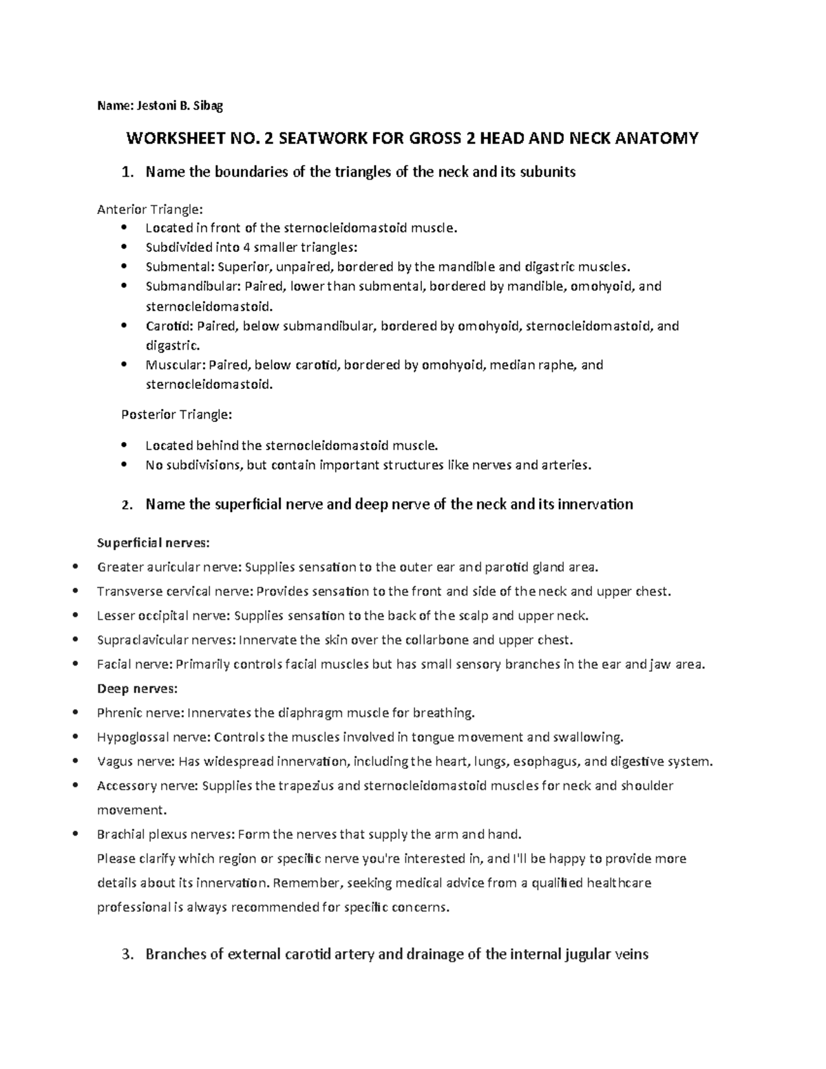 Worksheet NO. 2 Seatwork FOR Gross 2 HEAD AND NECK Anatomy - Name ...