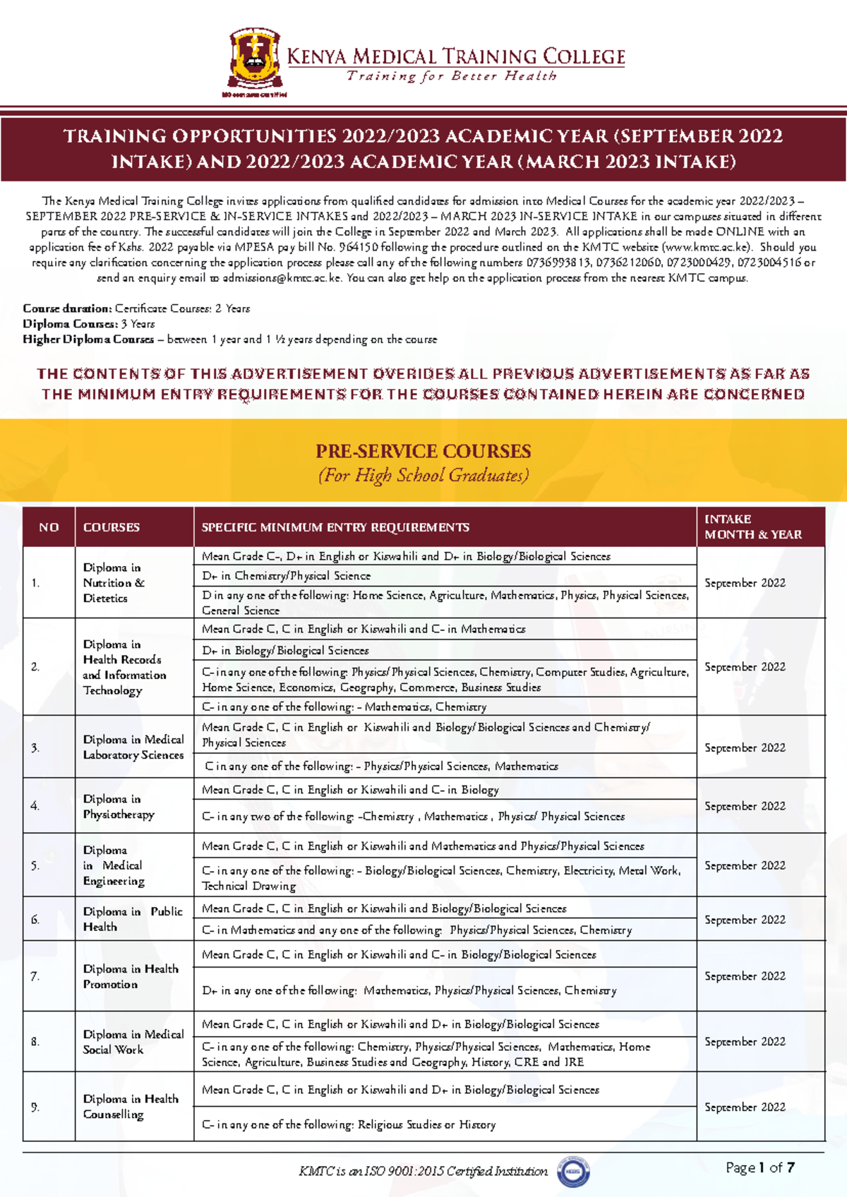 KMTC-September-2022-and-March-2023-Training-opportunities - NO COURSES ...