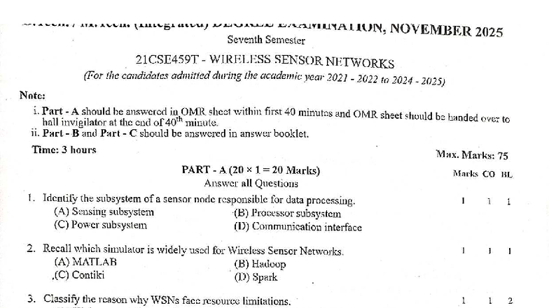 Wireless Sensor Networks Exam Paper - Nov 2025 21CSE459T - Studocu