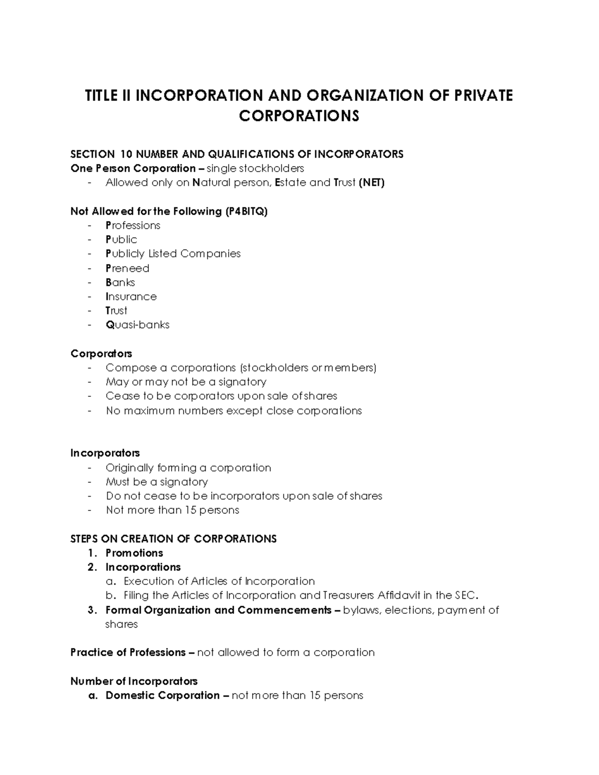 P4BITQ Corporate Incorporation and Organization Guidelines - Studocu