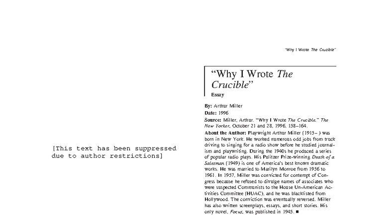 Why I Wrote The Crucible: Insights on McCarthyism and Art - Studocu