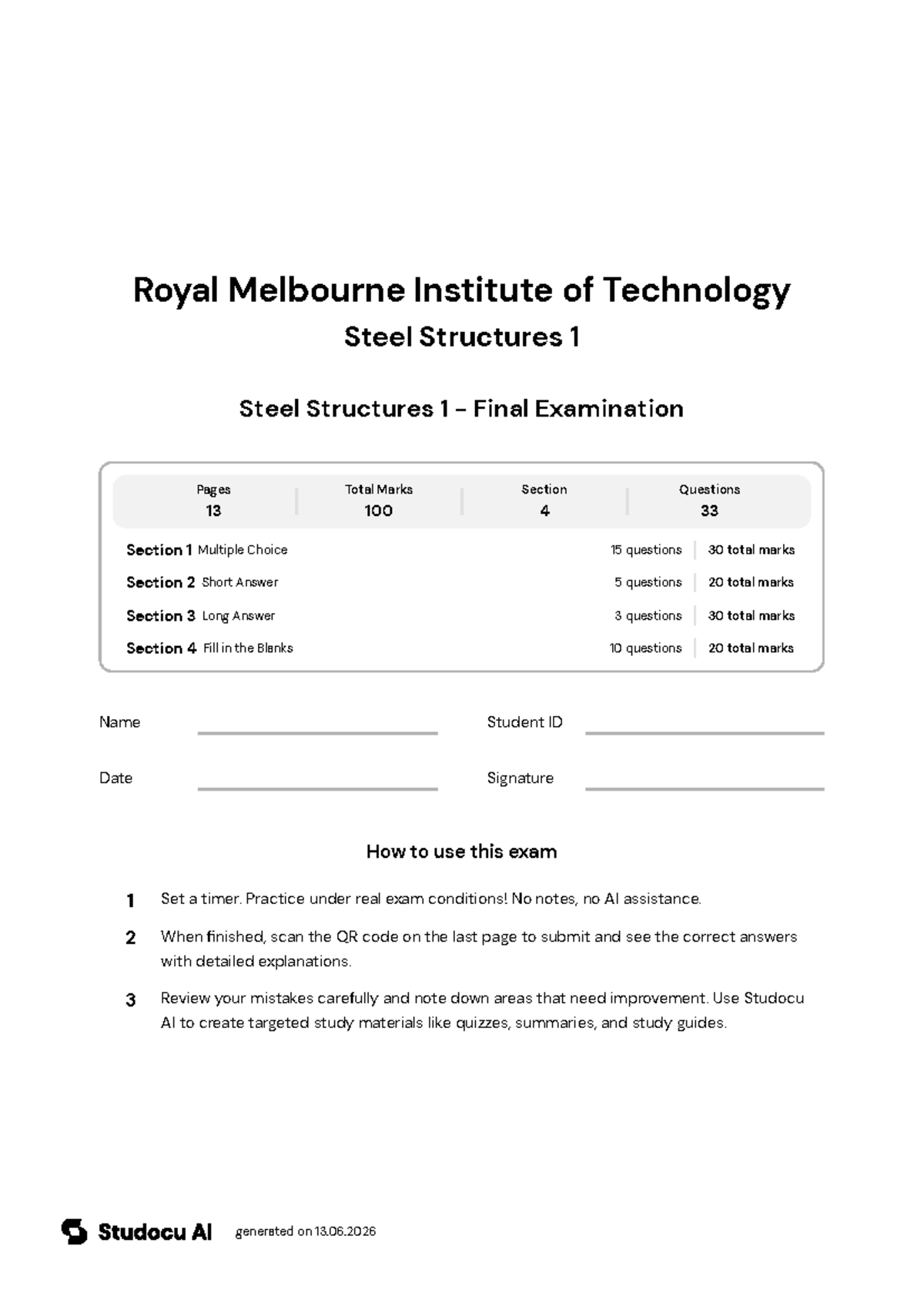 Steel Structures 1 - Final Exam - Studocu