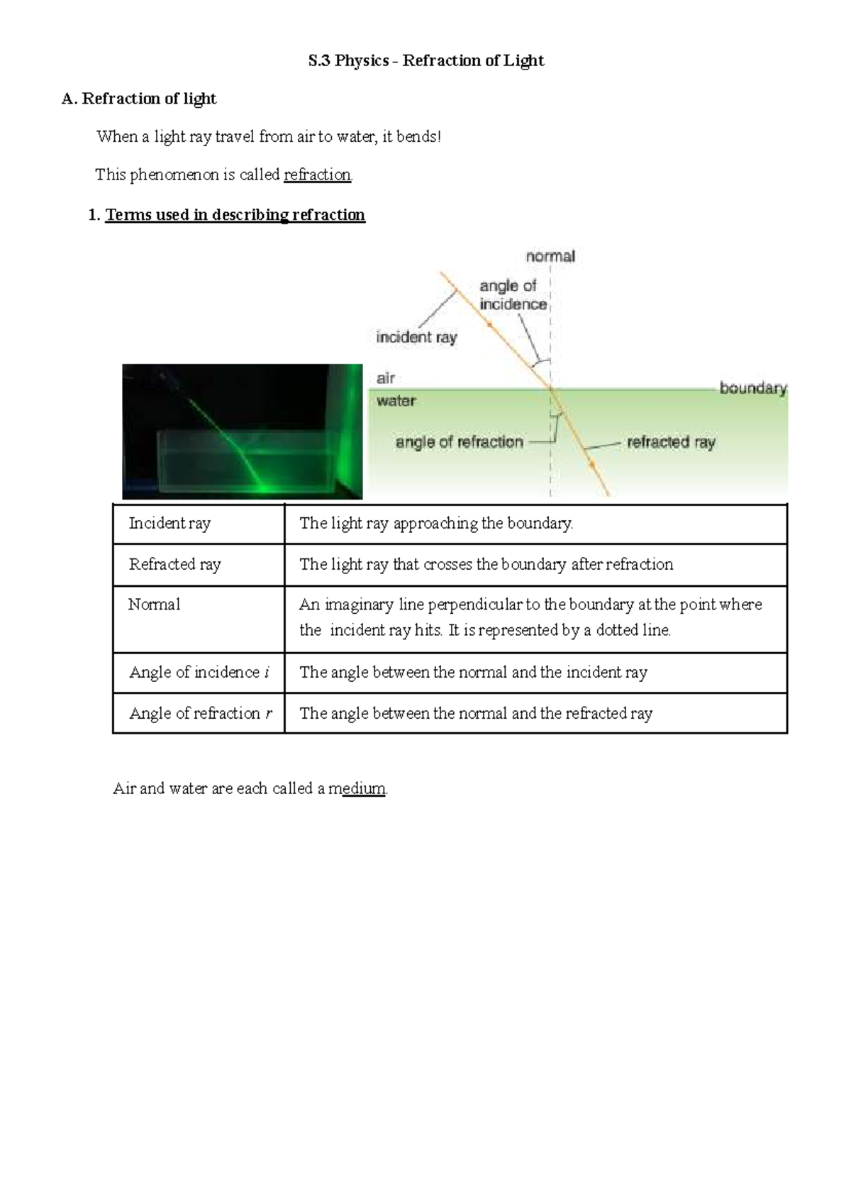 S.3 Physics Refraction of Light: Key Concepts and Exercises - Studocu