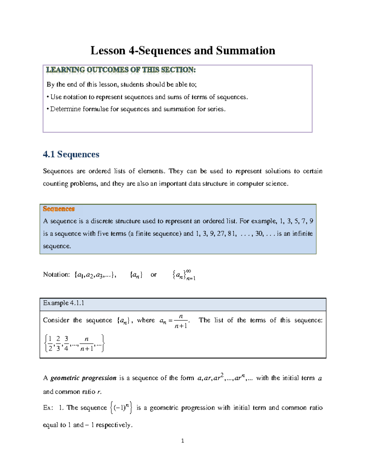 Lesson 4: Sequences and Summation Concepts in Mathematics - Studocu