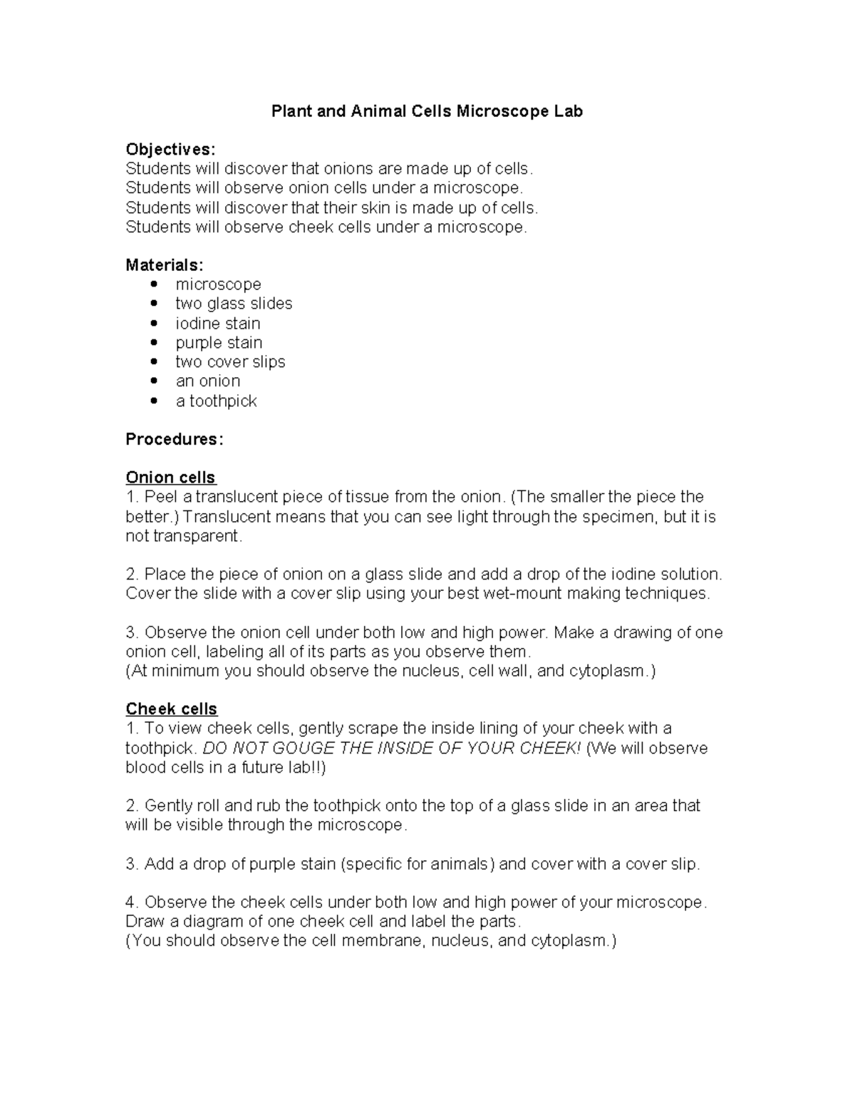 BIO101 Lab: Onion & Cheek Cell Microscope Observations - Studocu