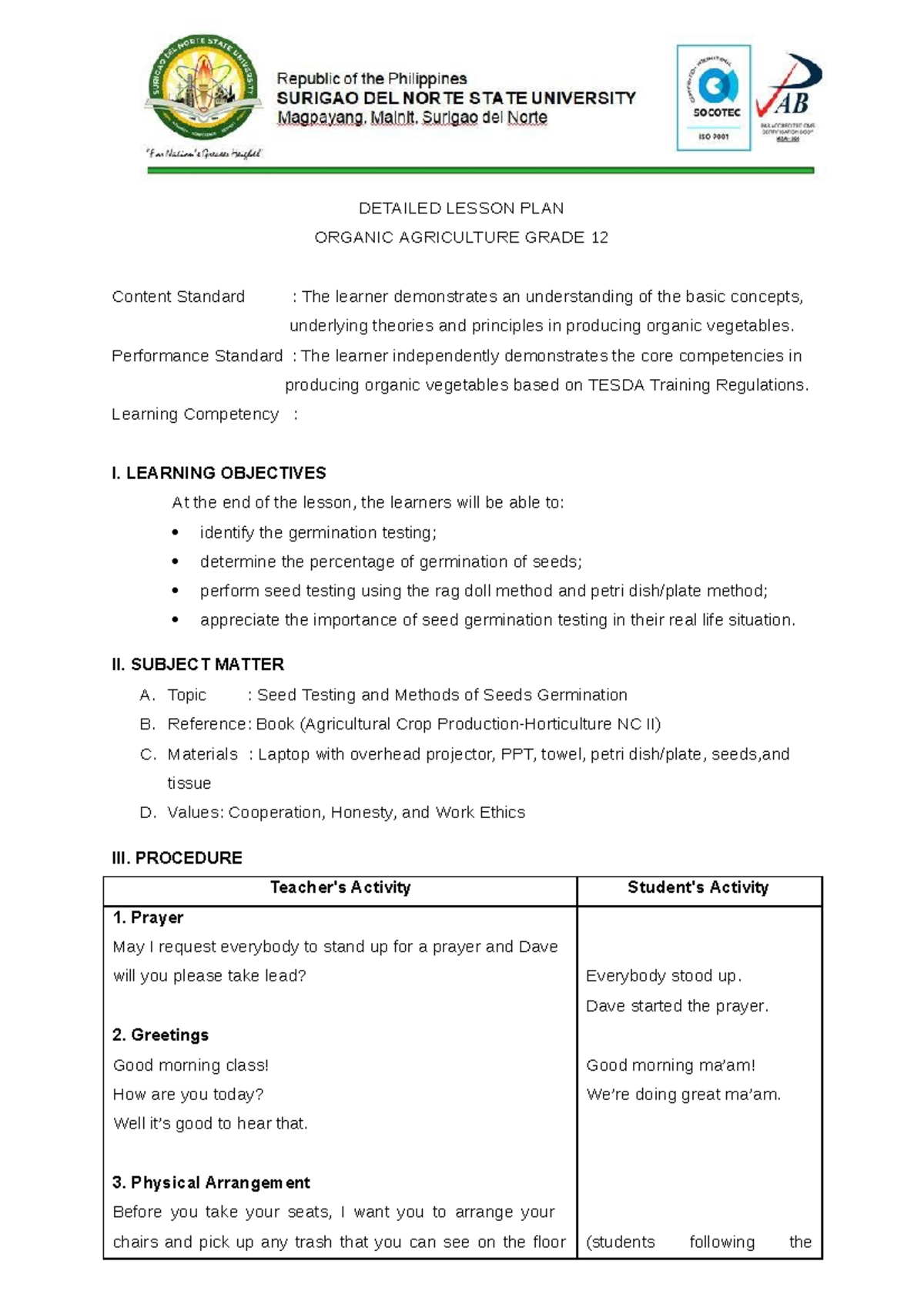 Detailed Lesson Plan: Seed Testing & Germination Methods G12 - Studocu