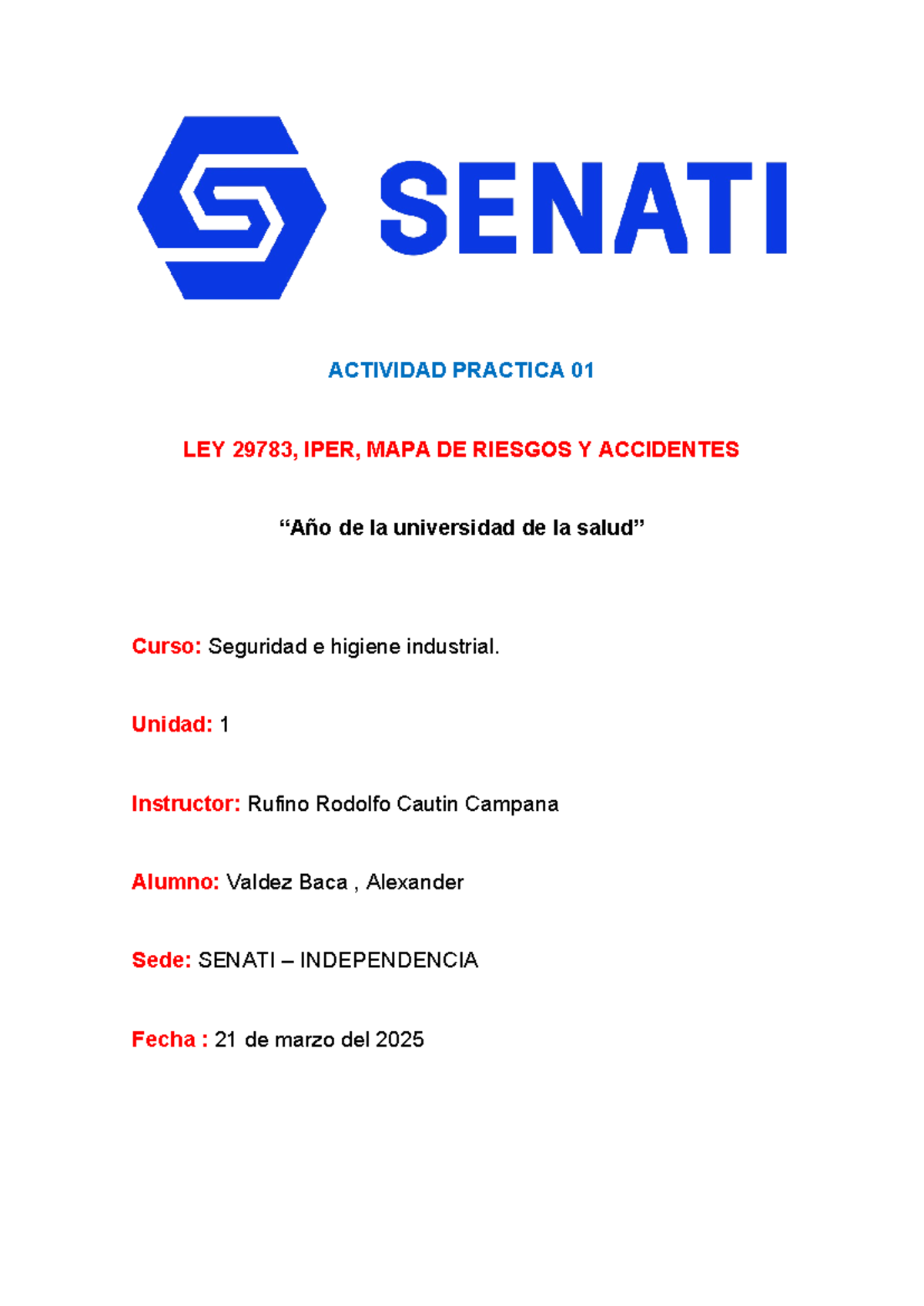 Actividad Practica 01 - asdsada - ACTIVIDAD PRACTICA 01 LEY 29783, IPER ...