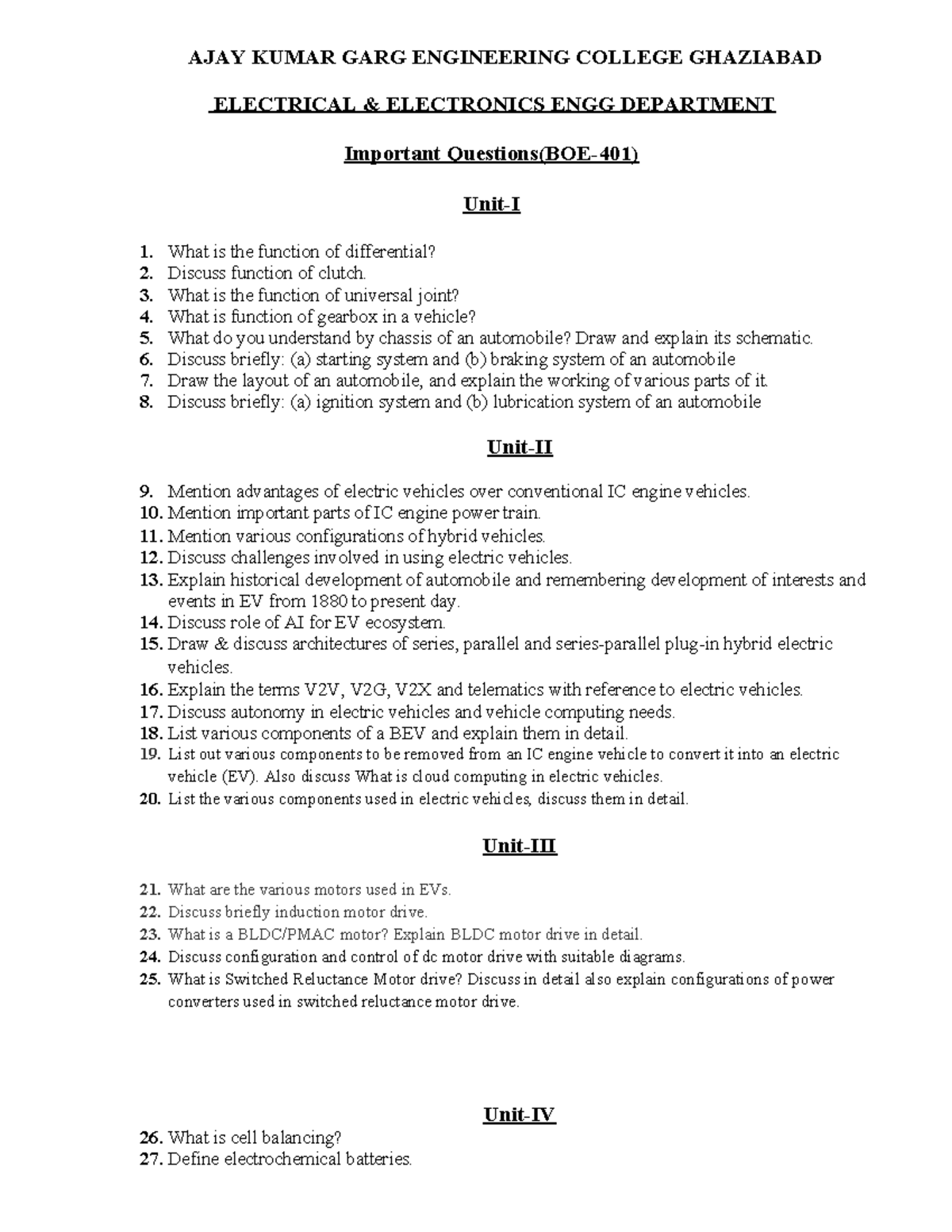 BOE-301 Unitwise Important Questions for Electrical Engineering - Studocu