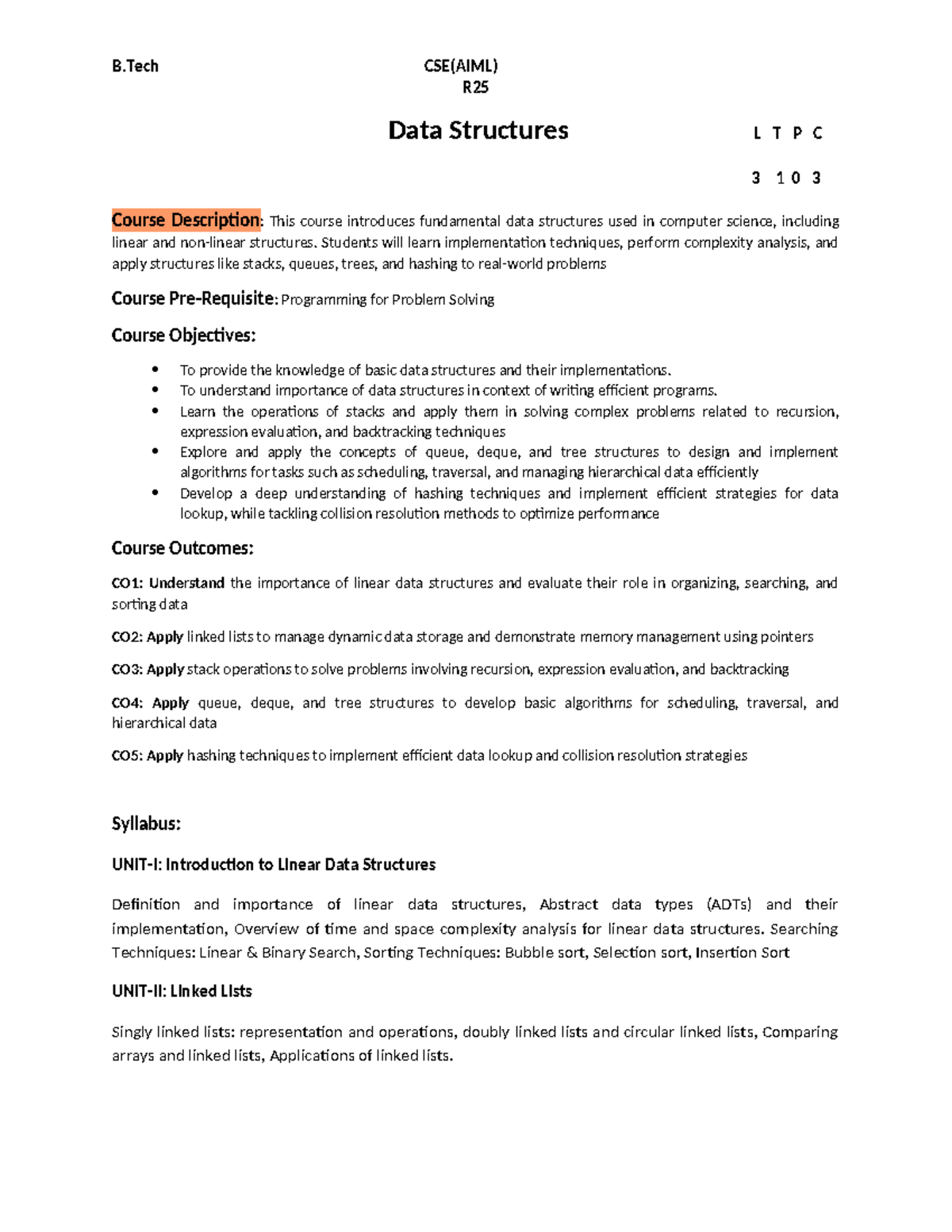 B.Tech CSE(AIML) R25 Data Structures Syllabus & Course Overview - Studocu