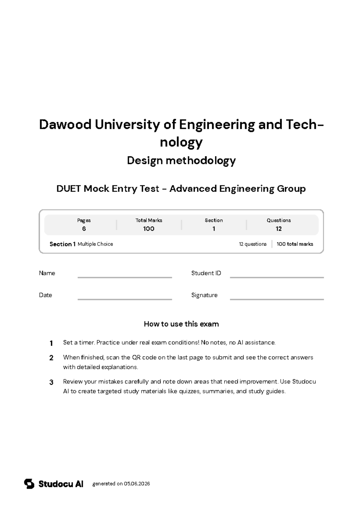 DUET Mock Entry Test - Advanced Engineering Group - Studocu