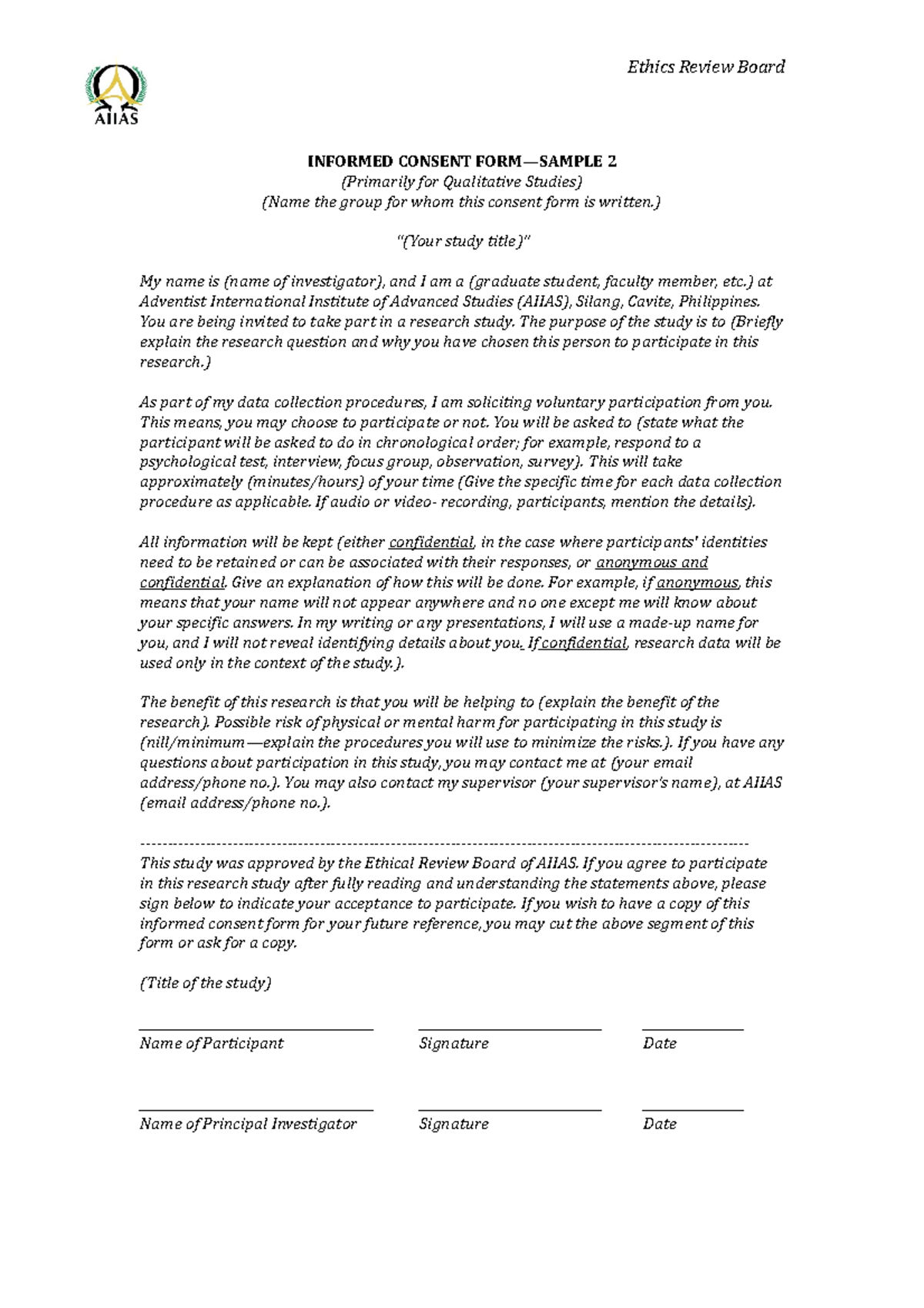 Sample Informed Consent Form for Qualitative Research Studies - Studocu