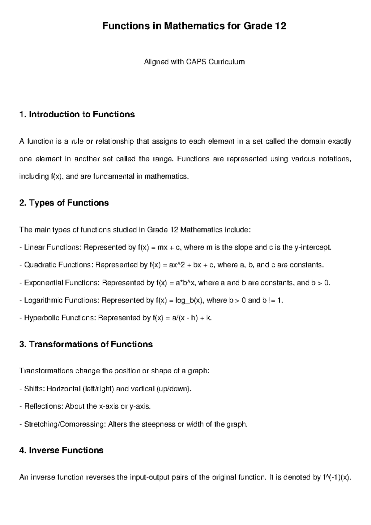 Grade 12 CAPS: Comprehensive Guide to Functions in Mathematics - Studocu