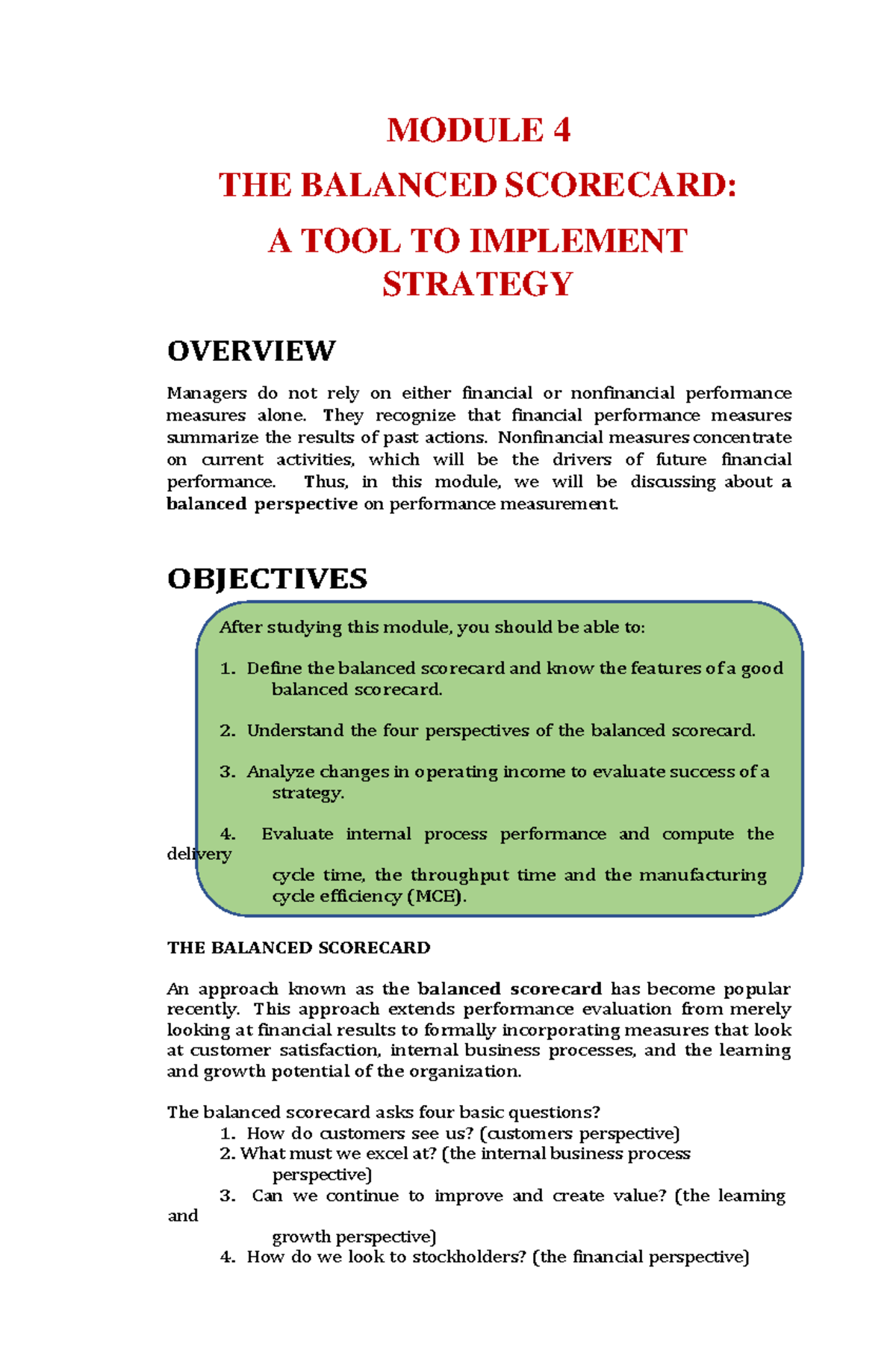 Module 4: The Balanced Scorecard as a Strategic Performance Tool - Studocu