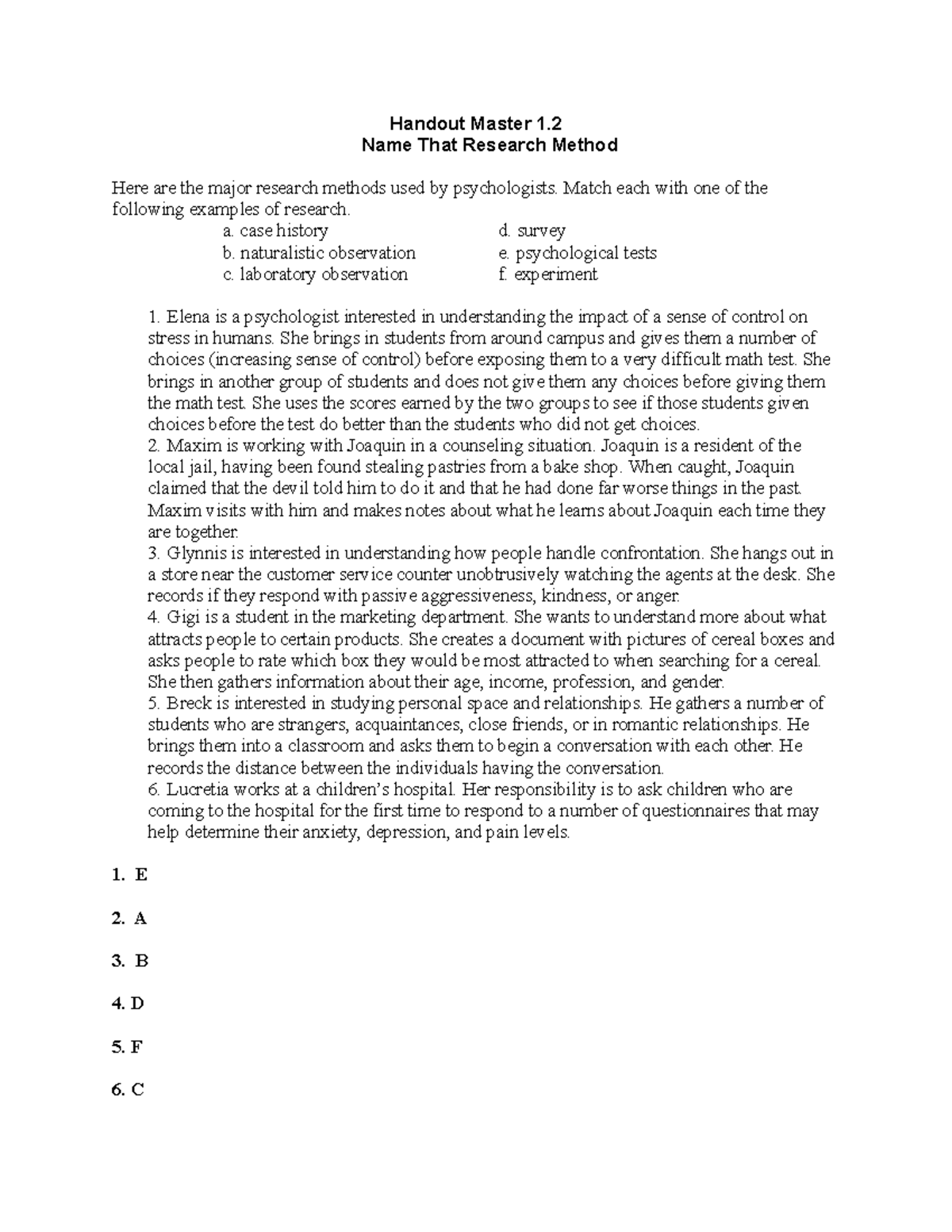 Research Methods Overview: A Psych. Handout for Matching Activities ...