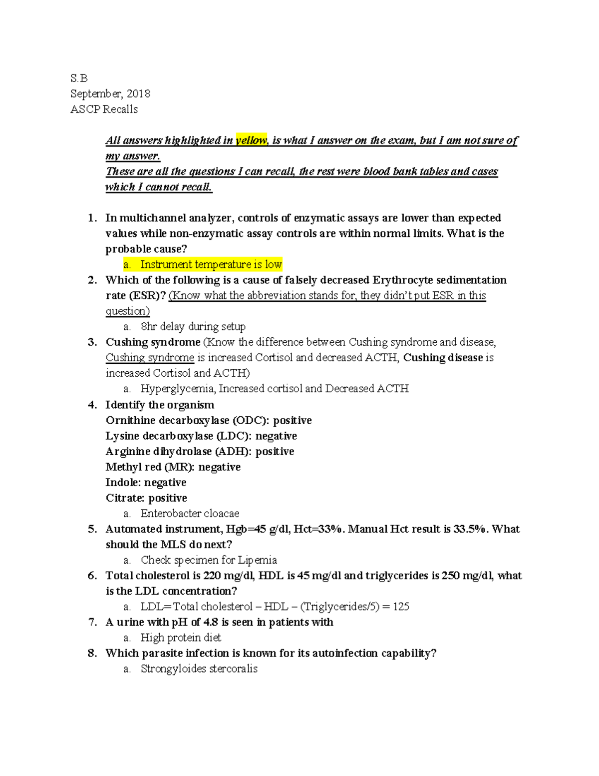 S.B September 2018 ASCP Exam Recall Notes and Answers - Studocu