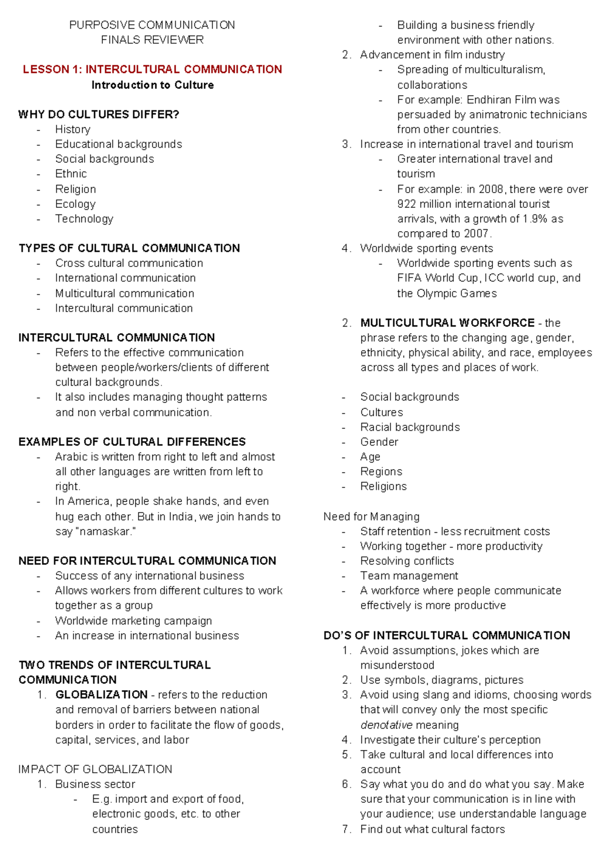 PURPOSIVE COMMUNICATION FINALS REVIEWER: INTERCULTURAL COMMUNICATION LESSON 1 - Studocu