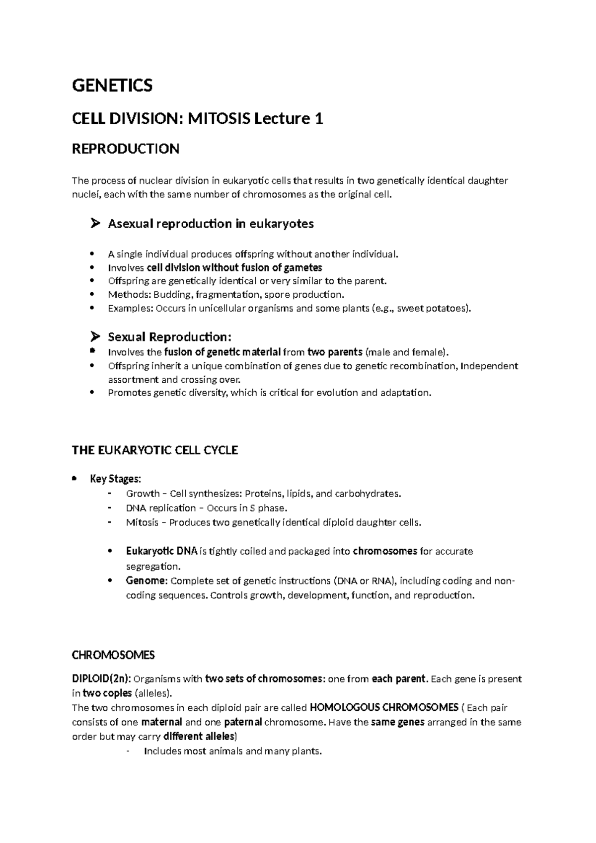 GENETICS 1-2: Mitosis & Meiosis Lecture Summaries - Studocu