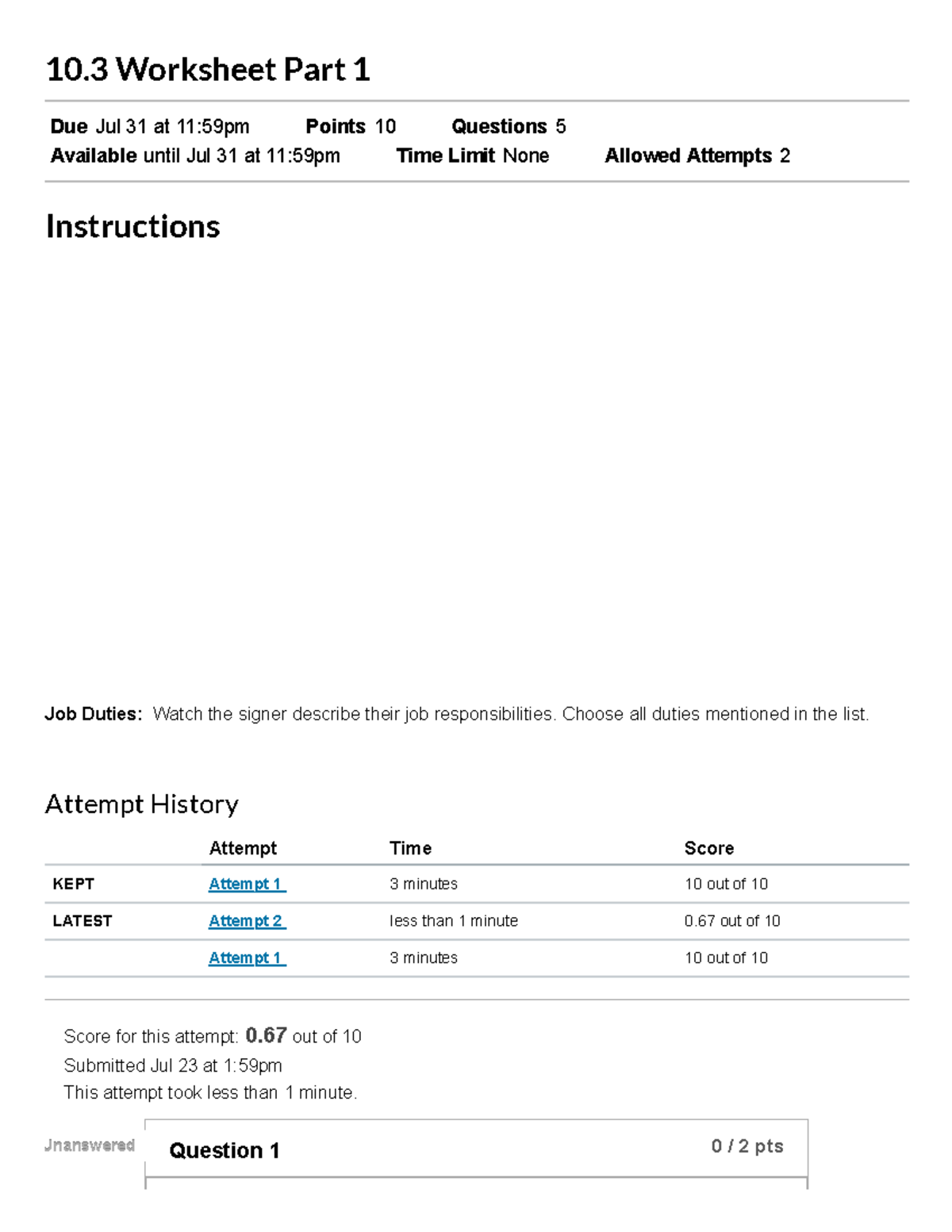 10.3 Worksheet Part 1 ASL3 - Job Duties Evaluation Exercise - Studocu