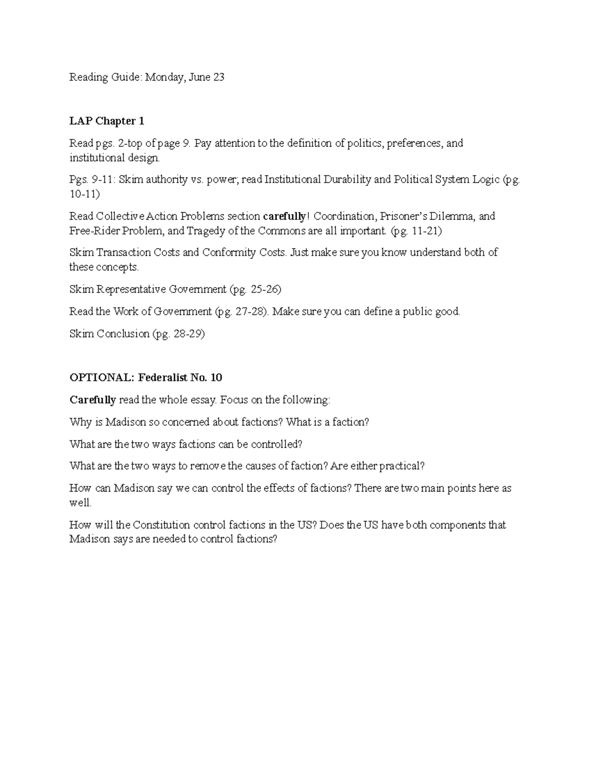 Reading Guide: LAP Chapter 1 & Federalist No. 10 Summary - Studocu