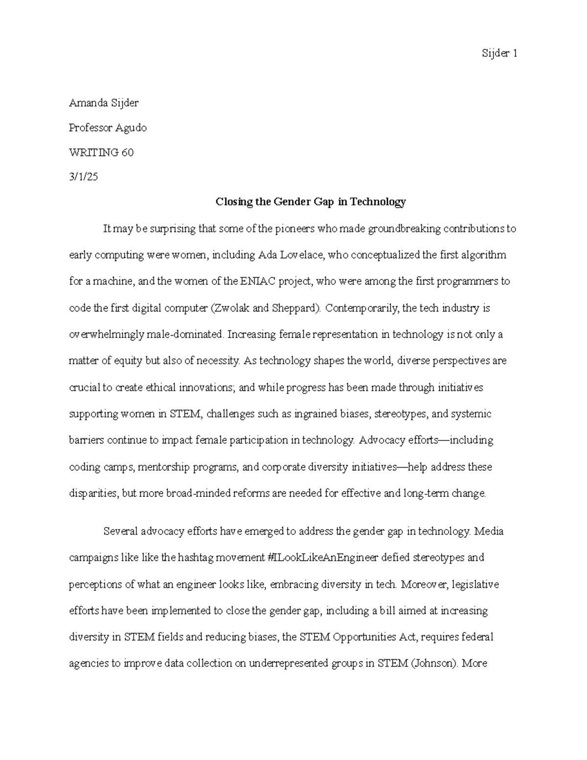 WRITING 60 Advocacy Project Draft: Closing the Gender Gap in Tech - Studocu
