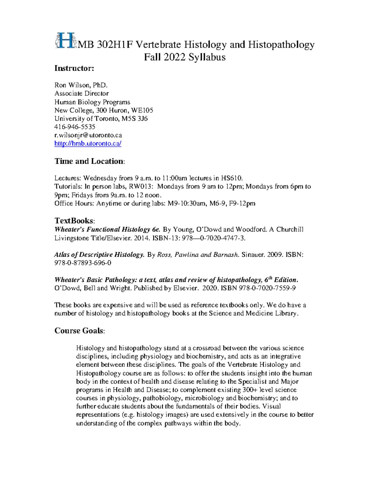HMB302H1F Vertebrate Histology & Histopathology Course Outline Fall ...