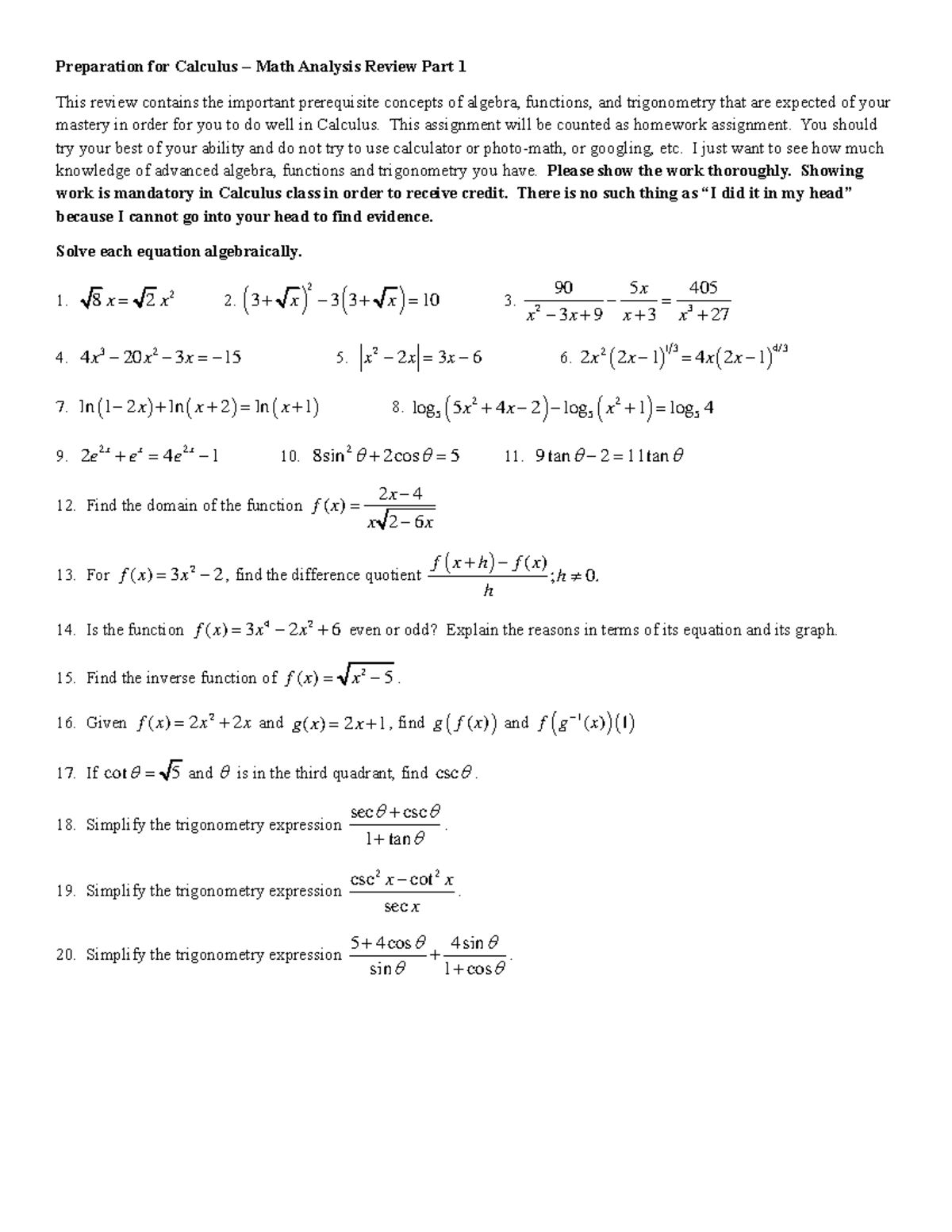 Precalc Review Set 1 – Math Analysis for Calculus Mastery - Studocu