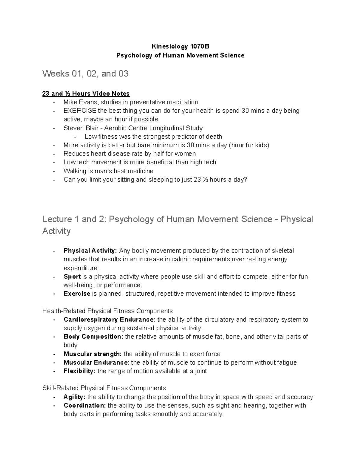 Kinesiology 1070B: Psychology of Human Movement Science - Lecture Notes ...
