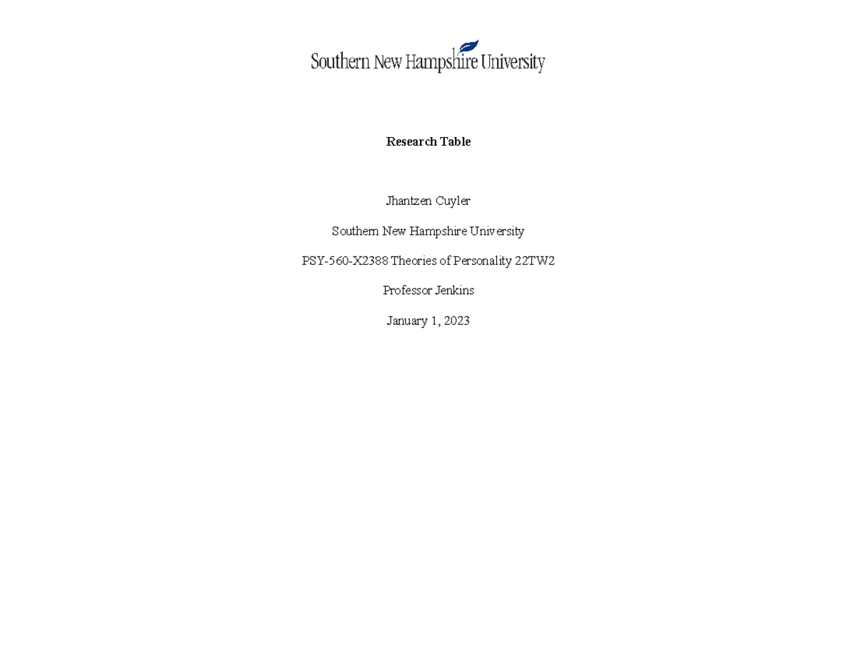 PSY-560-X2388 Research Table on Theories of Personality Final Project ...