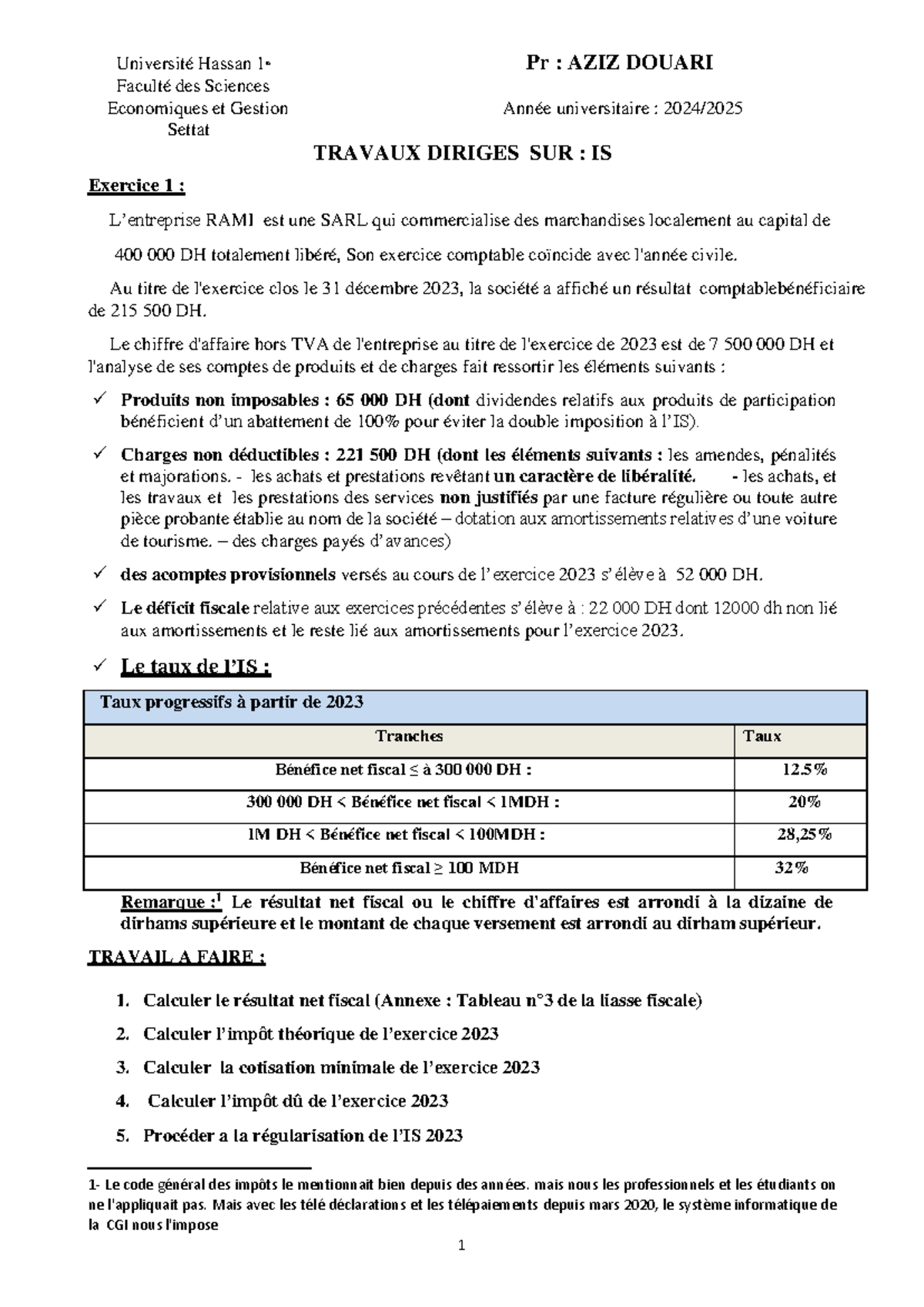 TD IS Douari AZIZ 2024 - Exercices de Fiscalité d'Entreprises - Studocu